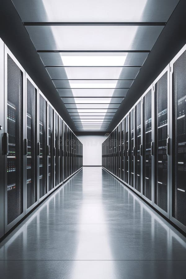 Brightly Lit Server Room Corridor with Metallic Racks Stock ...