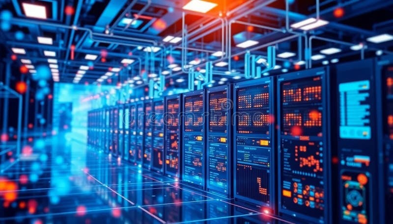 Brightly Lit Server Room with Vibrant Colors and Advanced Technology ...