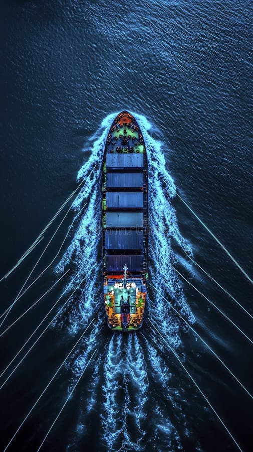 Brightly Lit Ship Navigating a Futuristic Digital Ocean Stock ...