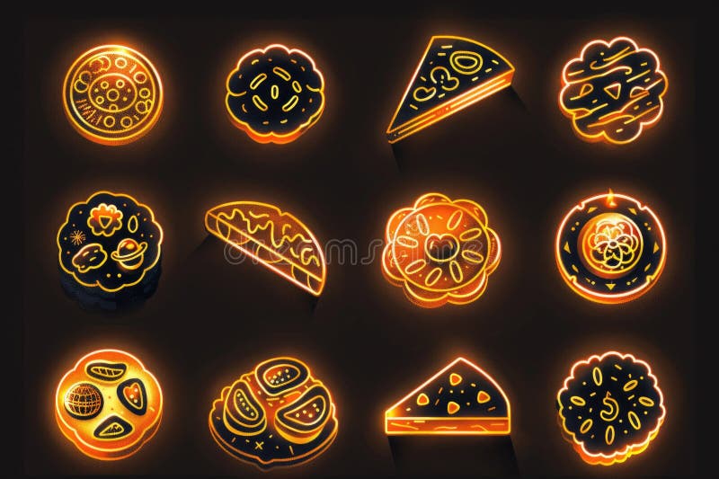 Brightly Lit Signs Featuring Various Types of Food in Neon Lights Stock ...