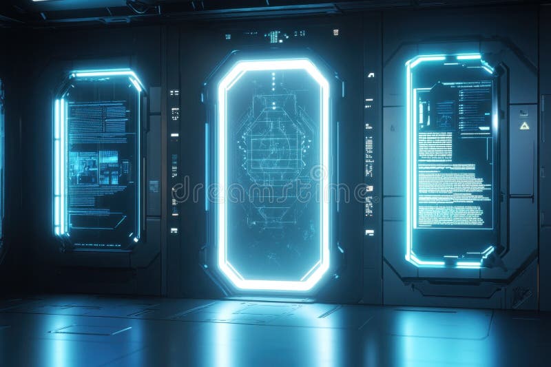 Futuristic Interior with Glowing Screens and High-tech Interfaces at a ...