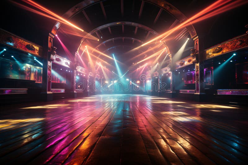 A Brightly Lit Stage with Colorful Spotlights and Shiny Reflections ...