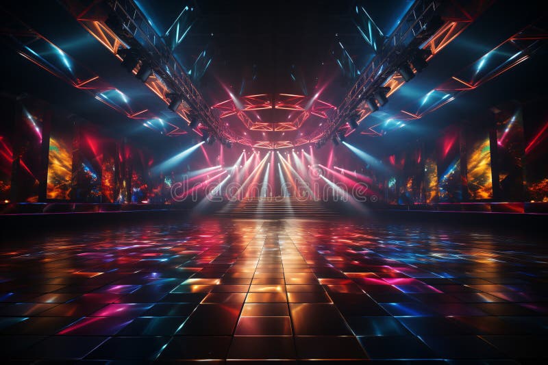 A Brightly Lit Stage with Colorful Spotlights and Shiny Reflections ...