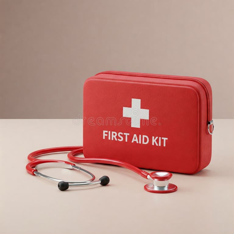 Red First Aid Kit with Stethoscope on a White Background Stock ...