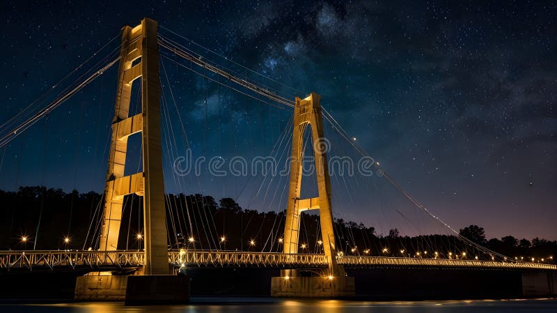 A Brightly Lit Suspension Bridge Glowing Against a Night Sky Stock ...