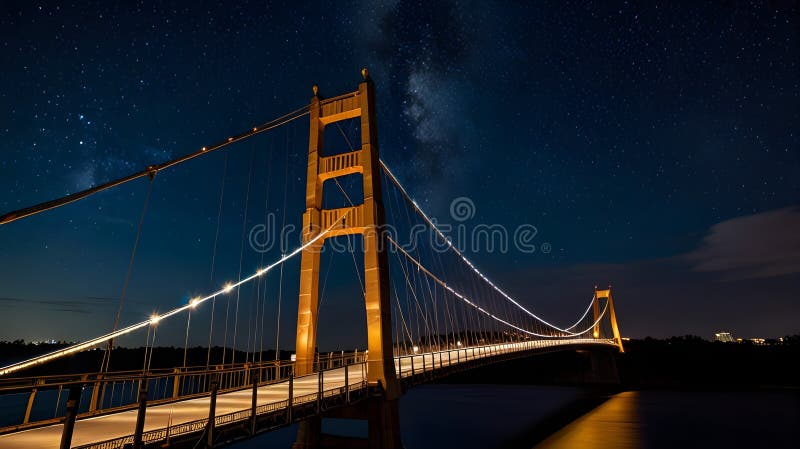 A Brightly Lit Suspension Bridge Glowing Against a Night Sky Stock ...