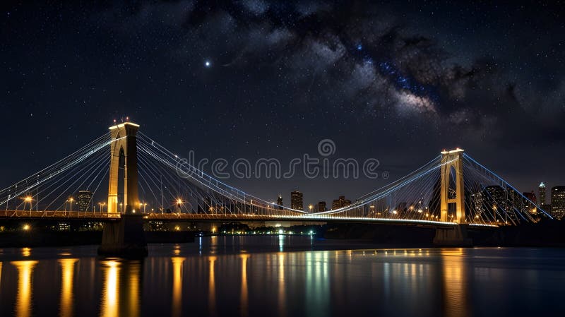A Brightly Lit Suspension Bridge Glowing Against a Night Sky Stock ...