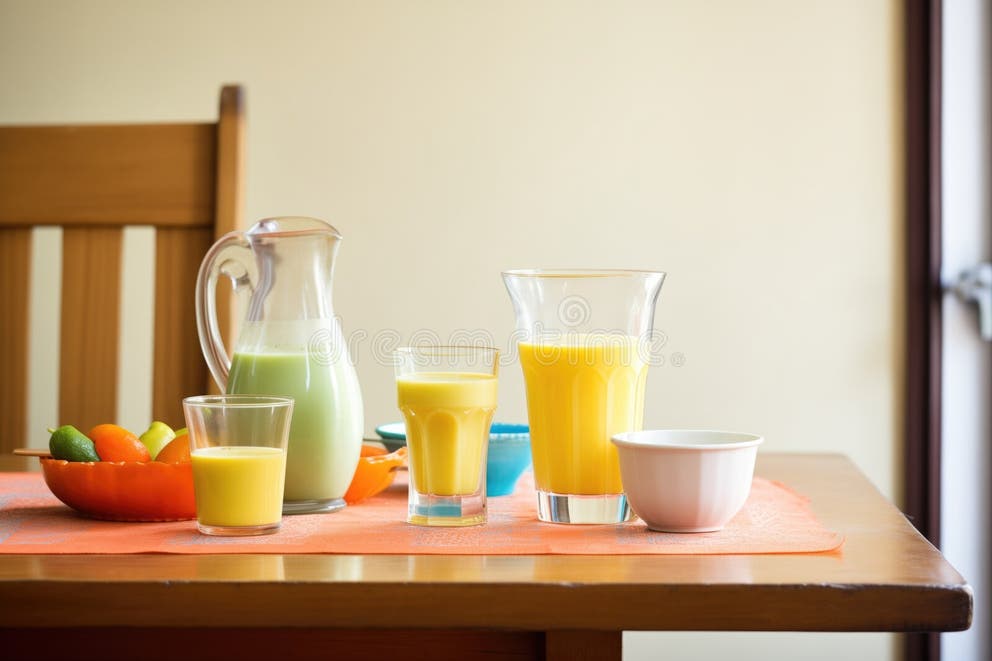 Brightly Lit Table with a Pitcher and Glasses Filled with Mango Lassi ...