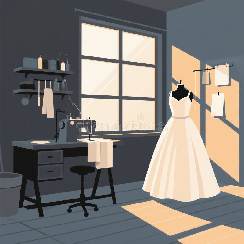A Brightly Lit Tailor S Workshop with a Wedding Dress on a Mannequin ...