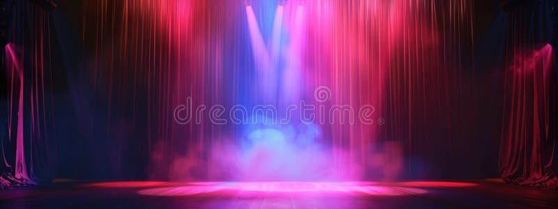 Brightly Lit Theater Stage with Colorful Spotlights and Smoke Effects ...