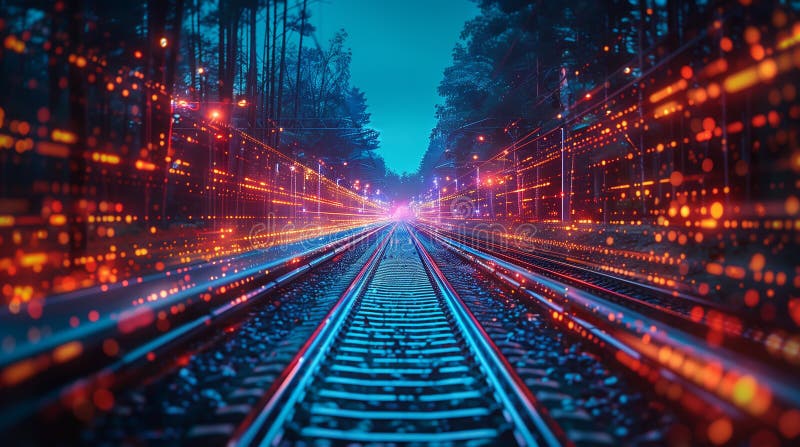 Brightly Lit Train Track at Night Stock Photo - Image of commute ...