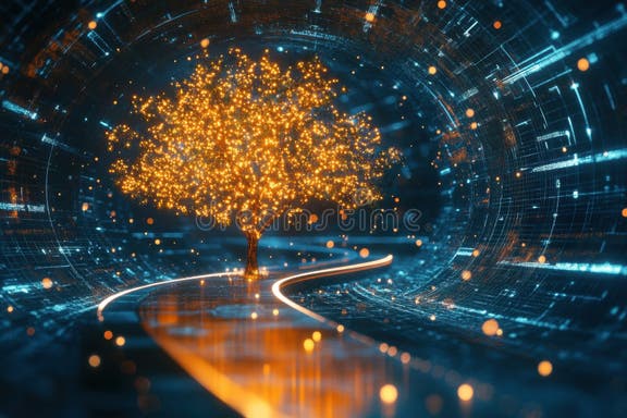 Brightly Lit Tree Surrounded by Digital Patterns and Glowing Pathways ...
