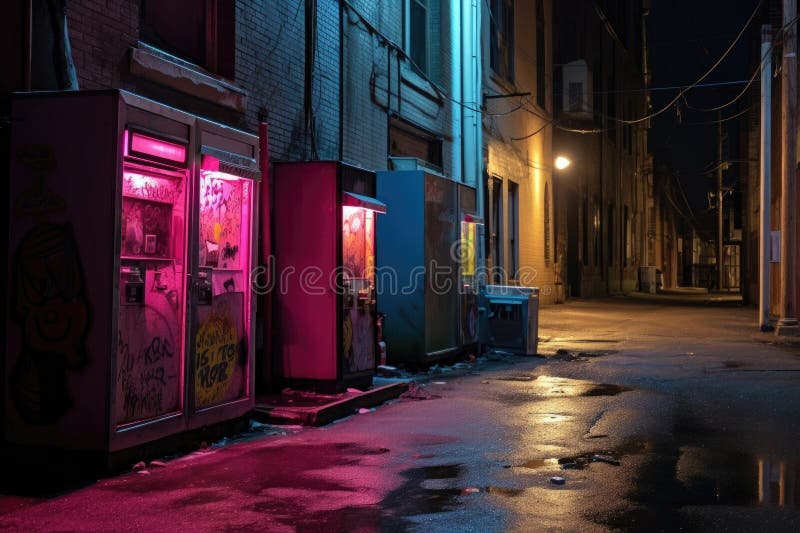 Brightly Lit Vending Machines in a Dark Alley Stock Illustration ...