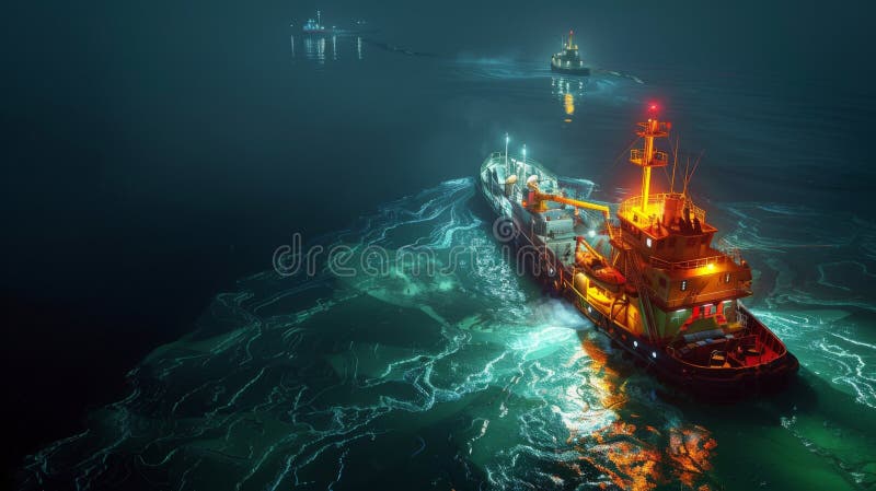 Brightly Lit Vessel Navigating through Night Waters with Two Distant ...