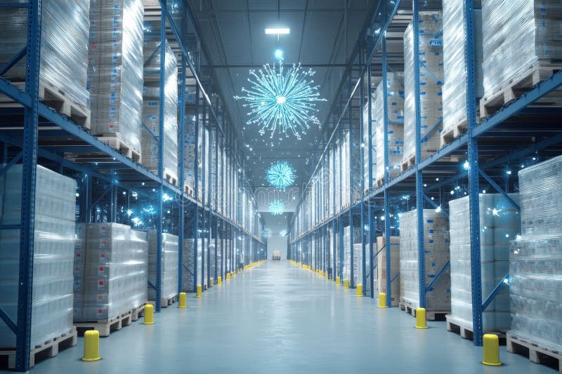 Brightly Lit Warehouse with Blue and White Racking Systems Stocked with ...
