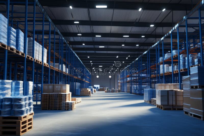 Brightly Lit Warehouse Featuring Blue and White Racking Systems ...