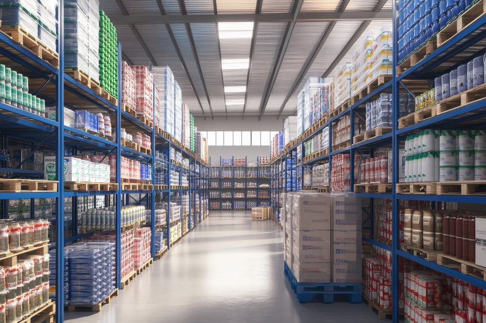 Brightly Lit Warehouse Featuring Blue and White Racking Systems Filled ...