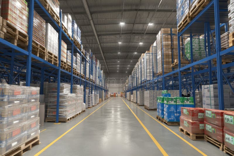Brightly Lit Warehouse Featuring Blue and White Racking Systems Filled ...