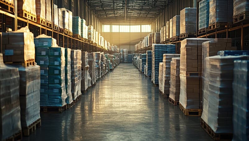 A Brightly Lit Warehouse Filled with Pallets of Goods, Ready for ...