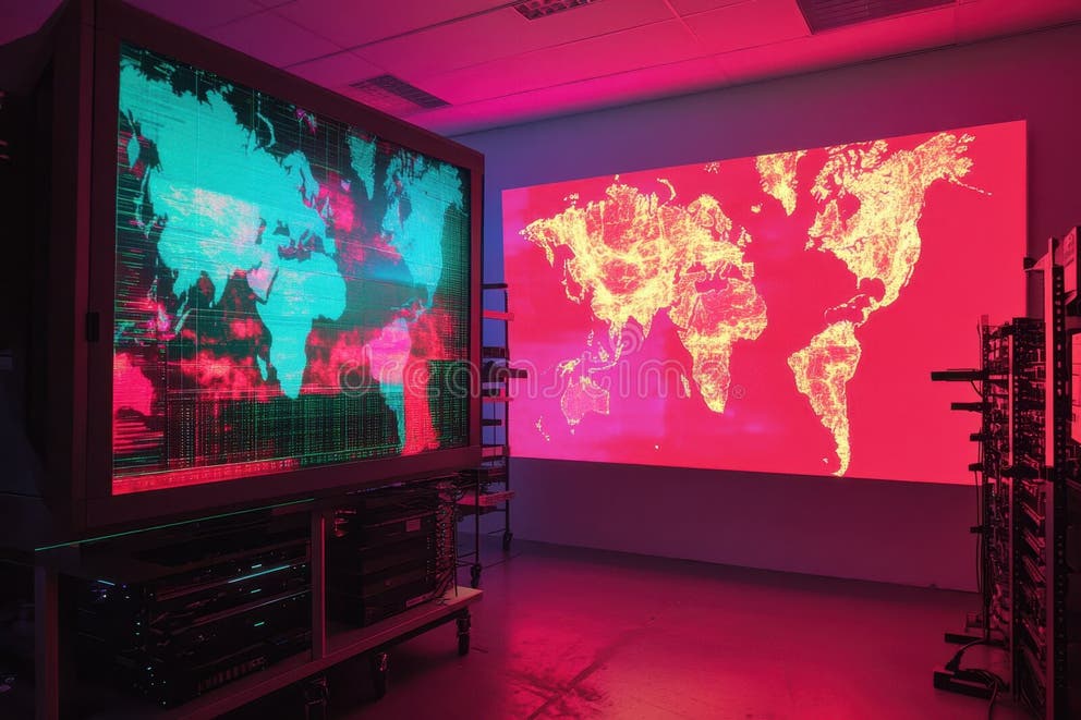 Vibrant Data Visualization Displays in a Modern Tech Workspace at Night ...