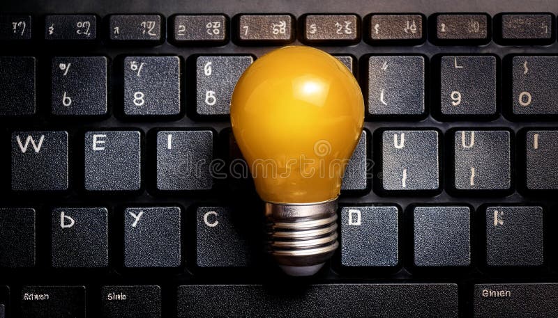 A Brightly Lit Yellow Lightbulb Sits on a Black Computer Keyboard ...