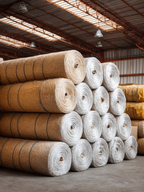 Brightly Packaged Insulation Rolls Stacked Neatly in a Warehouse with ...