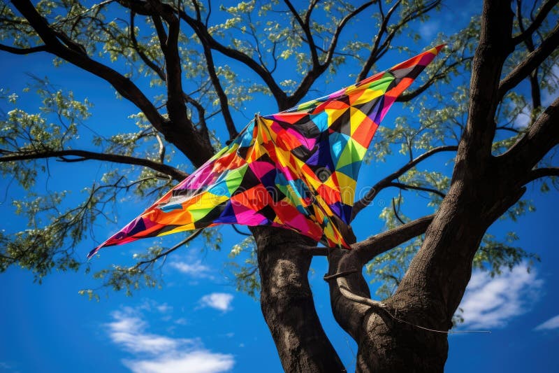 A Brightly Painted Kite Stuck in a Tree Stock Photo - Image of colorful ...
