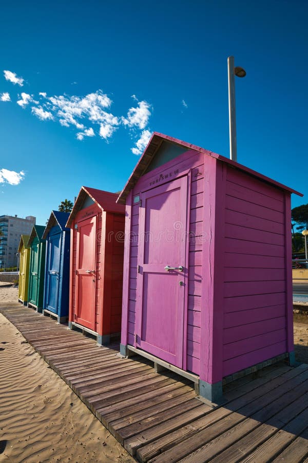 Brightly Painted Summer Beach Change Rooms Stock Photo - Image of sand ...