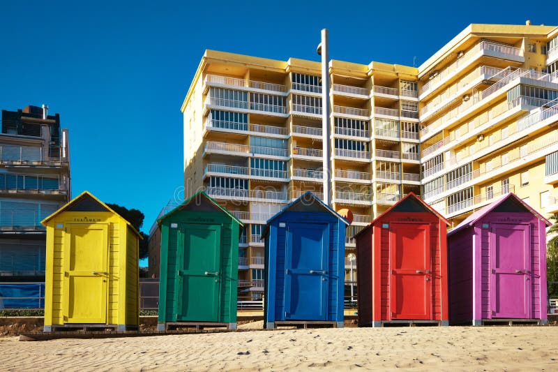 Brightly Painted Summer Beach Change Rooms Stock Image - Image of sand ...