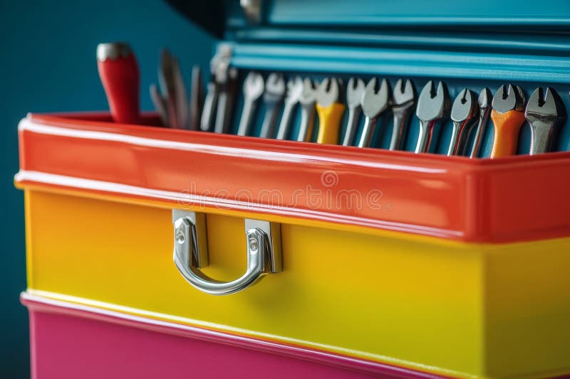 Brightly Painted Toolbox Showcases an Array of Tools, Each Thoughtfully ...