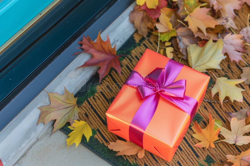 Brightly Wrapped Gift Box on a Doormat with Fall Leaves Stock Photo ...