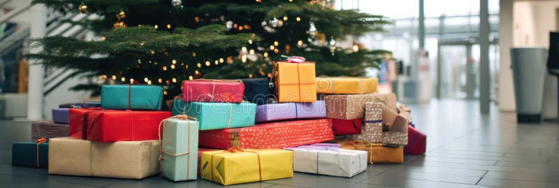 Multicolored Christmas Parcels Arranged Under a Festive Office Tree ...