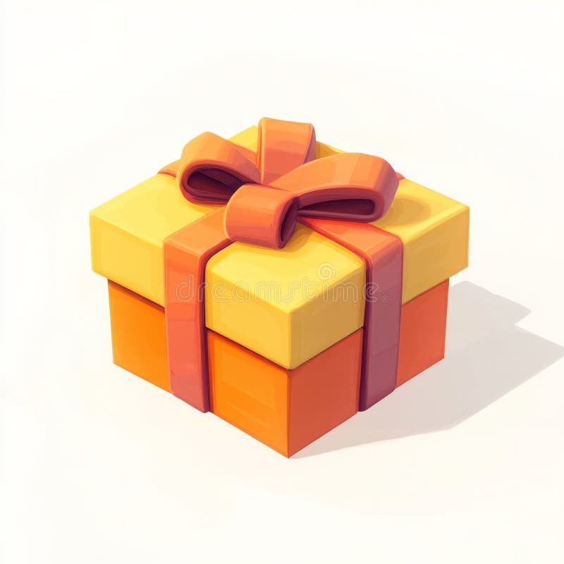 Brightly Wrapped Yellow and Orange Gift Box with Red Bow on White ...
