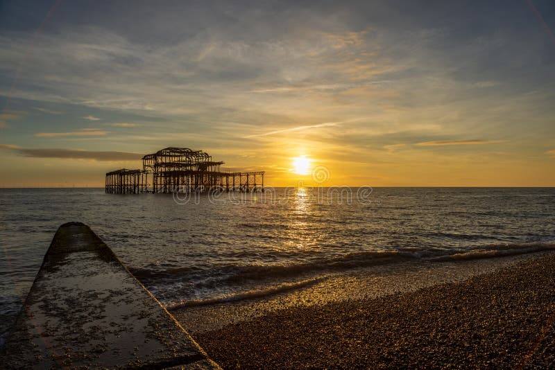 Brighton Beach and West Pier, on a Winter S Day at Sunset Stock Image ...