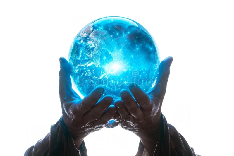 Brilliant Blue Energy Orb Held in the Hands of an Wizard, Glowing ...