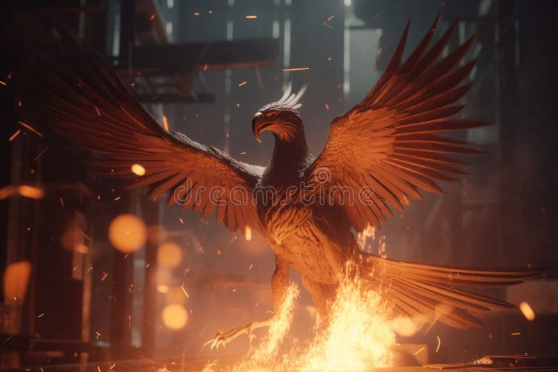 A Brilliant Fire Phoenix Facing Forward Flying Though a Brutalist ...