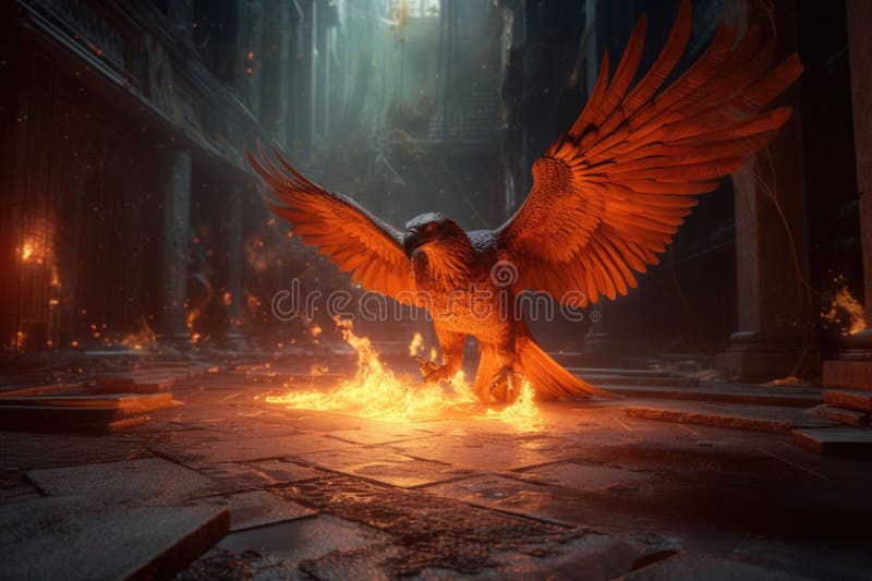 A Brilliant Fire Phoenix Facing Forward Flying Though a Brutalist ...