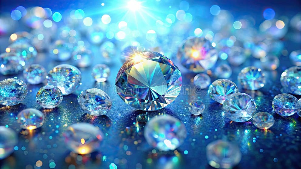 Brilliant Gems Gleaming on a Deep Blue Reflective Surface, Illuminated ...