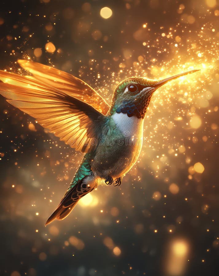 Brilliant Hummingbird Flying through Sparkling Light and Magic Stock ...