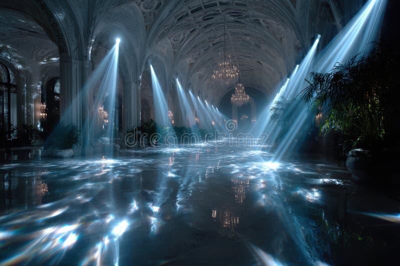 Light Beams Illuminate a Grand Hall with Elegant Architecture and ...