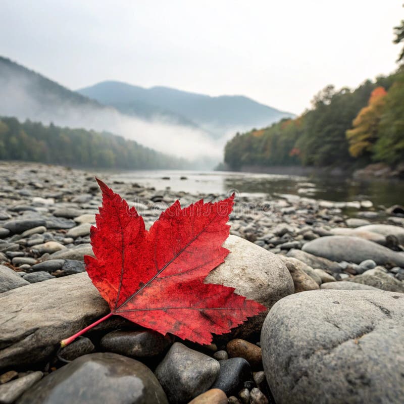Brilliant Red Fall Leaf on River Rocks Stock Illustration ...