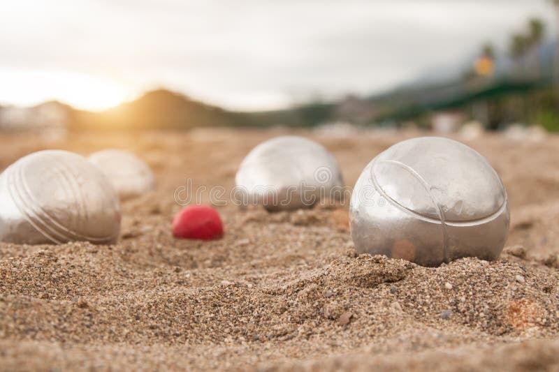 Brilliant Silver Balls for a Bocha on the Sand. Stock Image - Image of ...