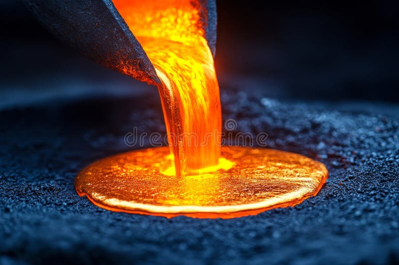 Brilliant Stream of Liquid Metal Pours into Dark Container, Dramatic ...