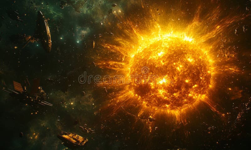 A Brilliant Sun Emitting Luminous Rays in the Darkness of Space Stock ...