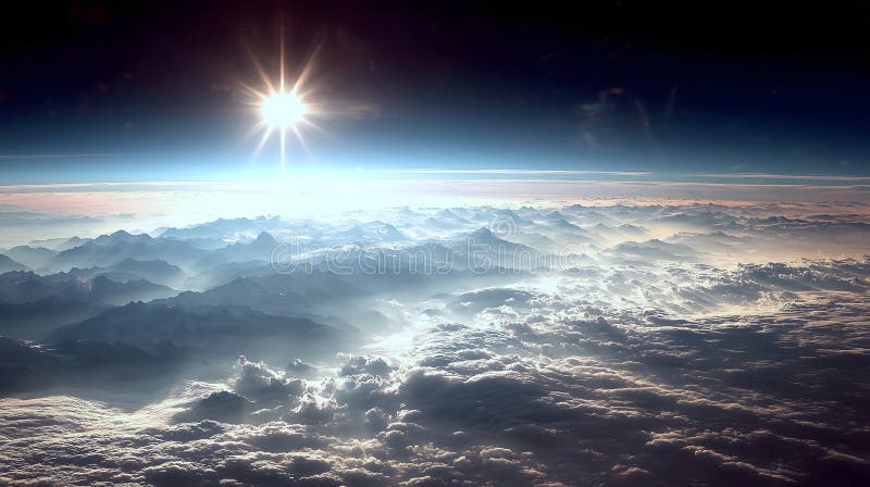 Sun Over Cloud-Covered Mountains from Airplane Window Stock Photo ...