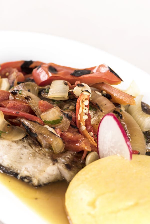 Brine Fish Plate with Vegetables, Chili and Polenta, Placed on White ...