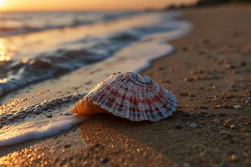 Seashell on Sand at Sunset with Reflective Water Stock Illustration ...
