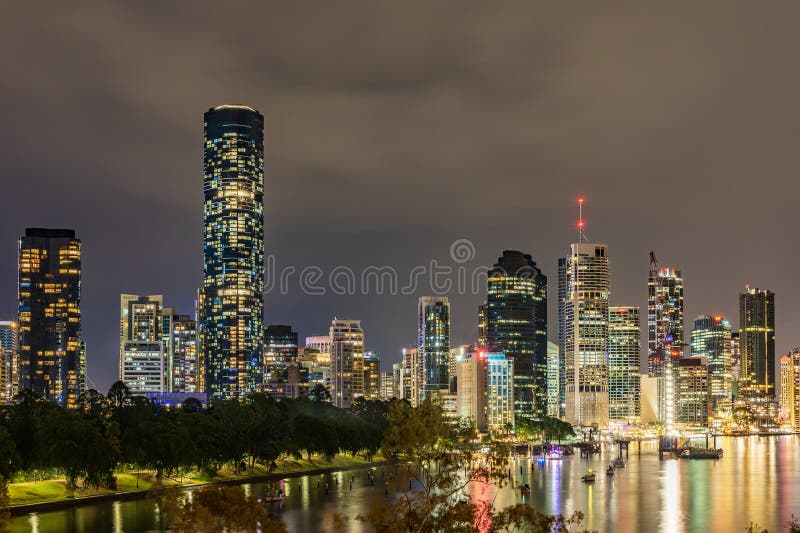 Brisbane City Skyline at Night Stock Photo - Image of light ...