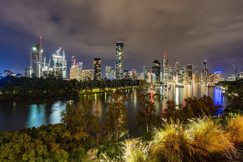 Brisbane City Skyline at Night Stock Image - Image of lights, light ...