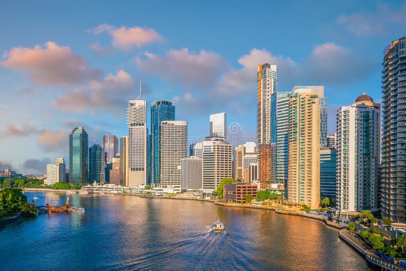 Brisbane City Skyline and Brisbane River at Sunset Stock Image - Image ...